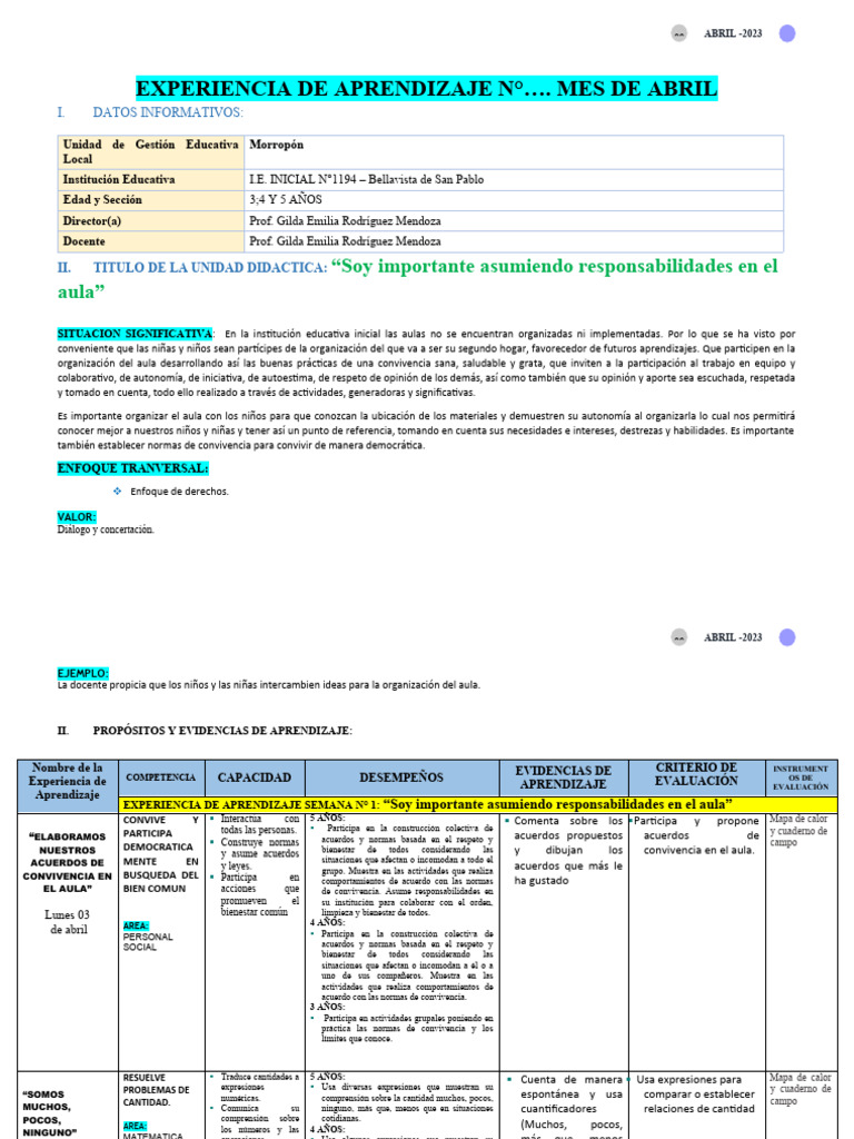 Experiencia Aprendizaje de Abril-2023 | PDF | Aprendizaje | Evaluación