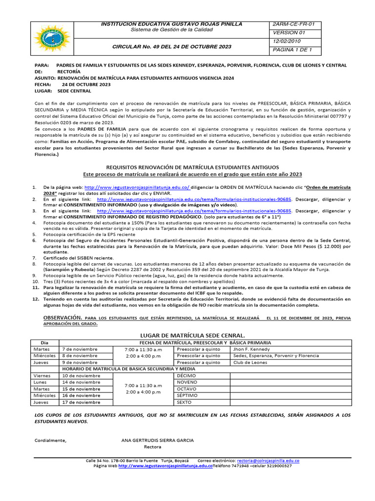 Circular 49 Renovacion de Matricula 2024 | PDF