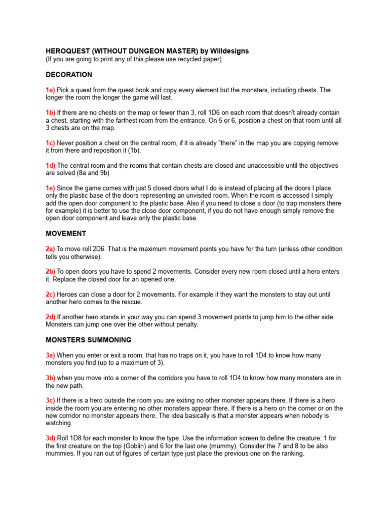 Heroquest Solo Gameplay Guide | PDF