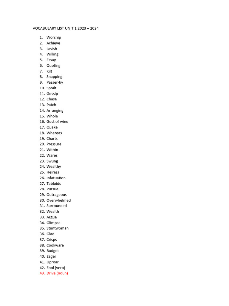 Vocabulary List Unit 1 2023 | PDF