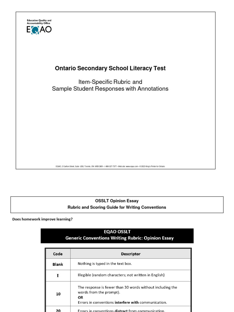 OSSLT Opinion Essay Rubric and Scoring Guide For Writing Conventions HW ...