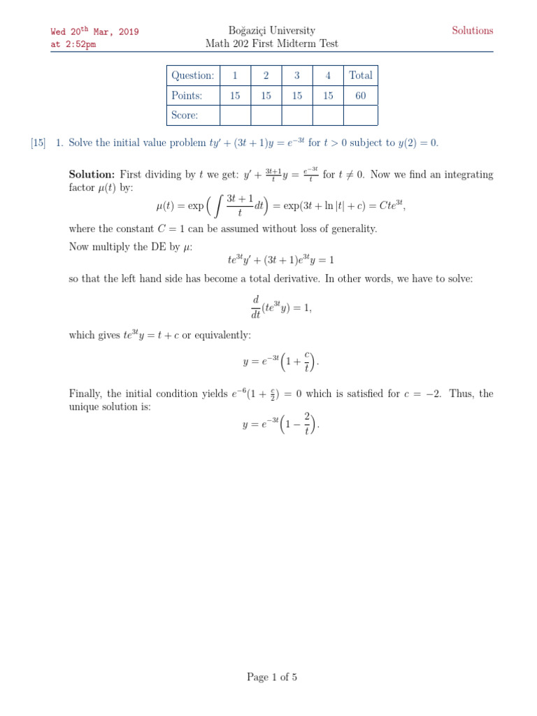 Mat202 MT1 Spring19 | PDF | Mathematical Concepts | Subtraction