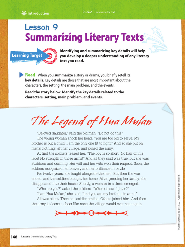 Summarizing Literary Texts Lesson 9 | PDF