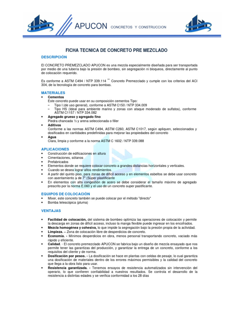Ficha Tecnica de Concreto Pre Mezclado | PDF | Hormigón
