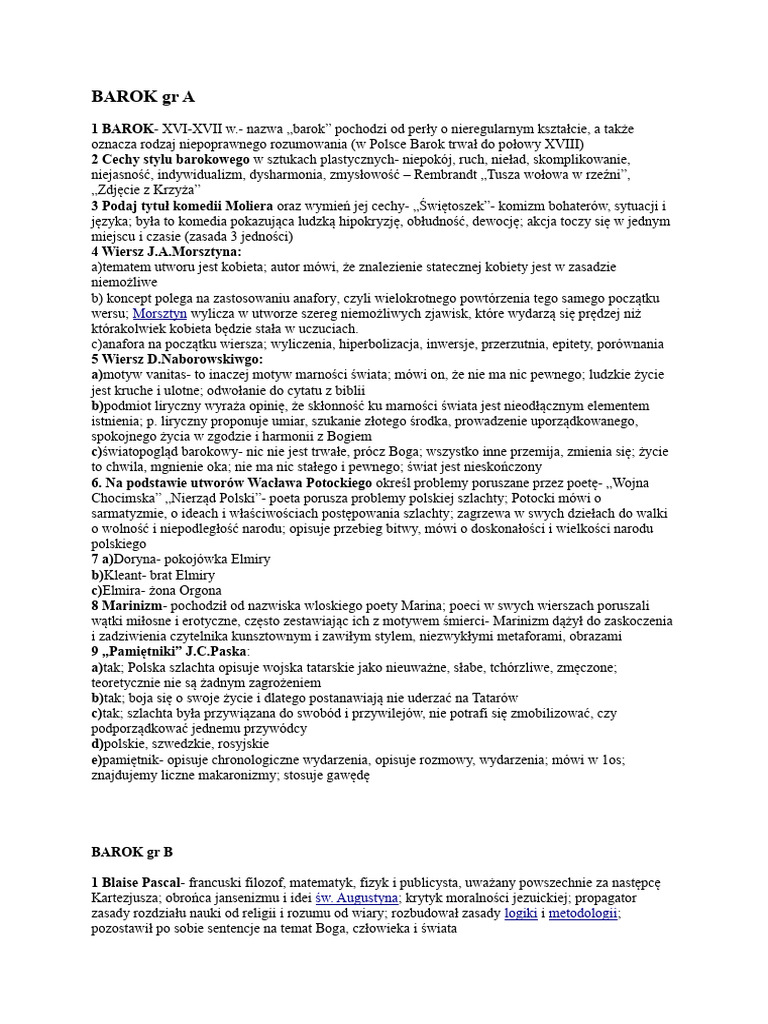 Barok - Sprawdzian | PDF