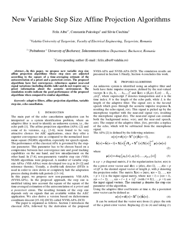 New Variable Step Size Affine Projection Pdf Signal To Noise Ratio Mathematics