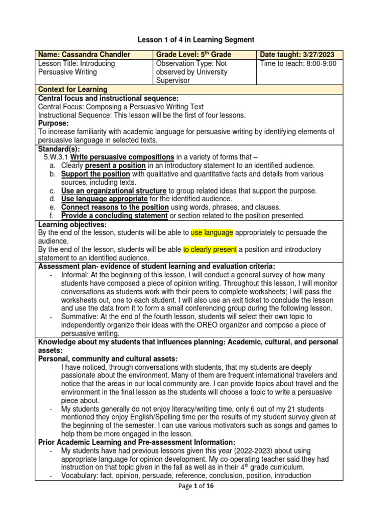 Part B Lesson Plans For Learning Segment | PDF