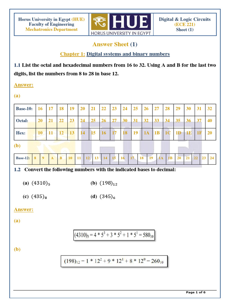 Answer Sheet 1 Digital (ECE 221) | Download Free PDF | Encodings | Elementary Mathematics