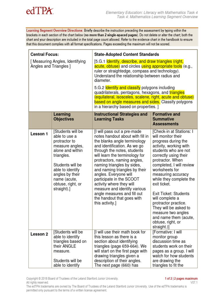 Part B Elementary Mathematics Learning Segment Overview | PDF ...