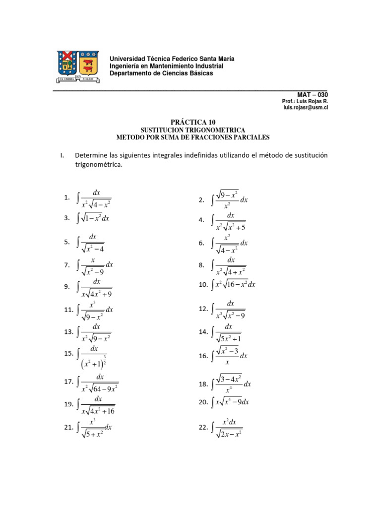 PRACTICA 10. Integración Sustitución Trigonométricas, Fracciones Parciales | PDF