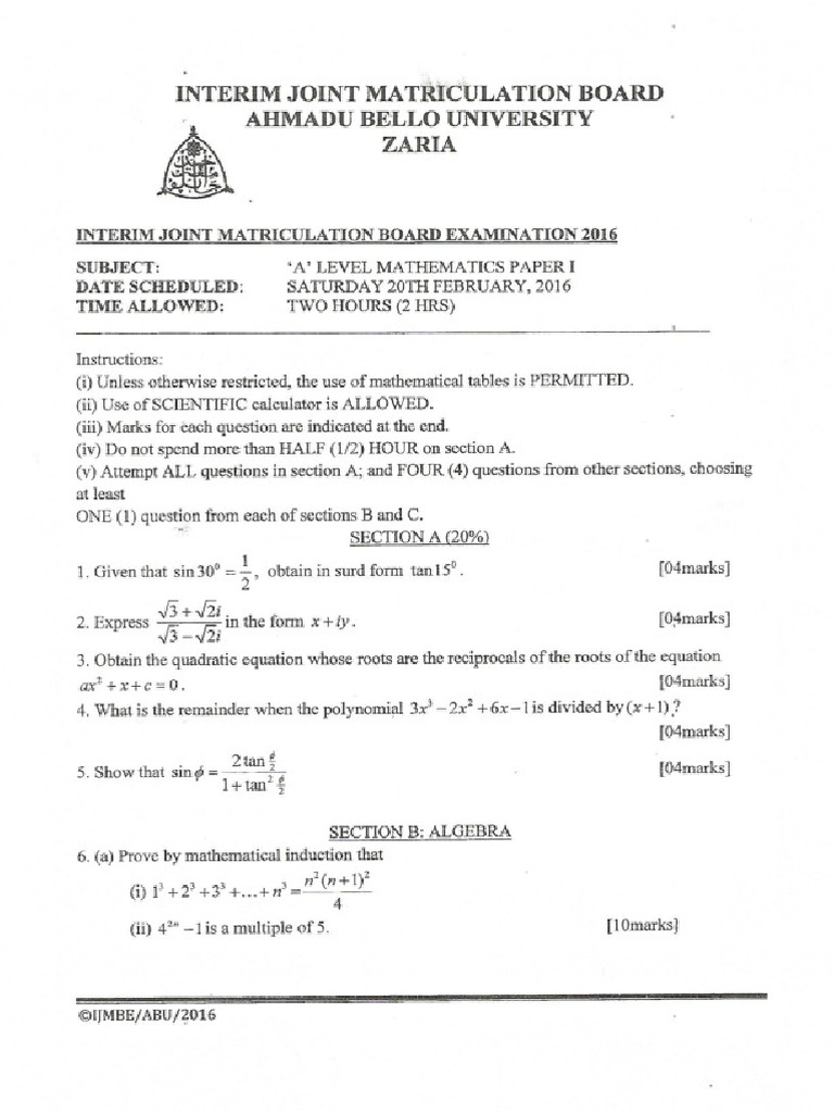 Advanced Level Mathematics IJMB Paper 1 Past Questions | PDF