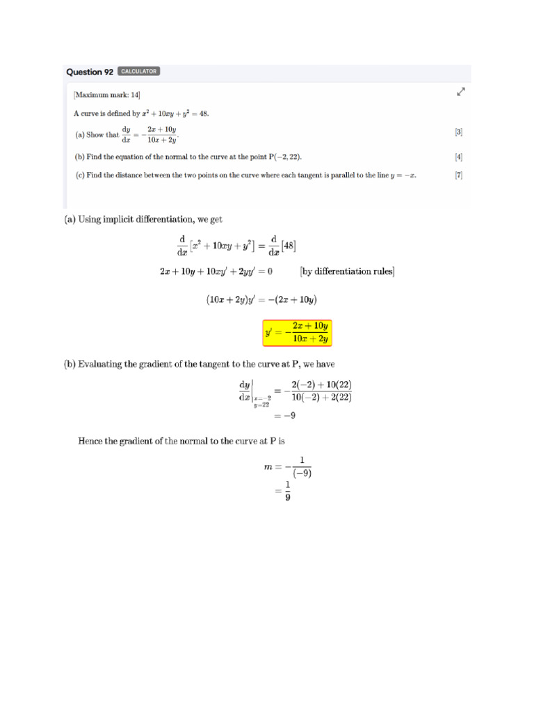 Implicit Differentiation With Markscheme | PDF