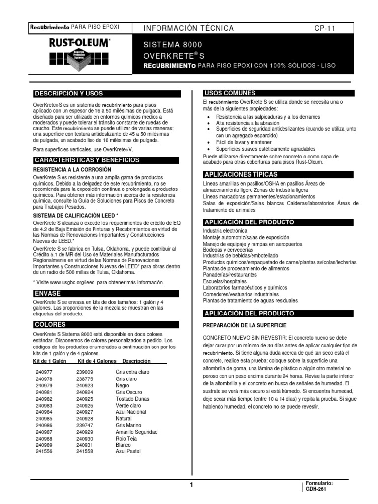 Ficha Tecnica Epoxi Autonivelante 8000 | PDF | Hormigón | Revestimiento