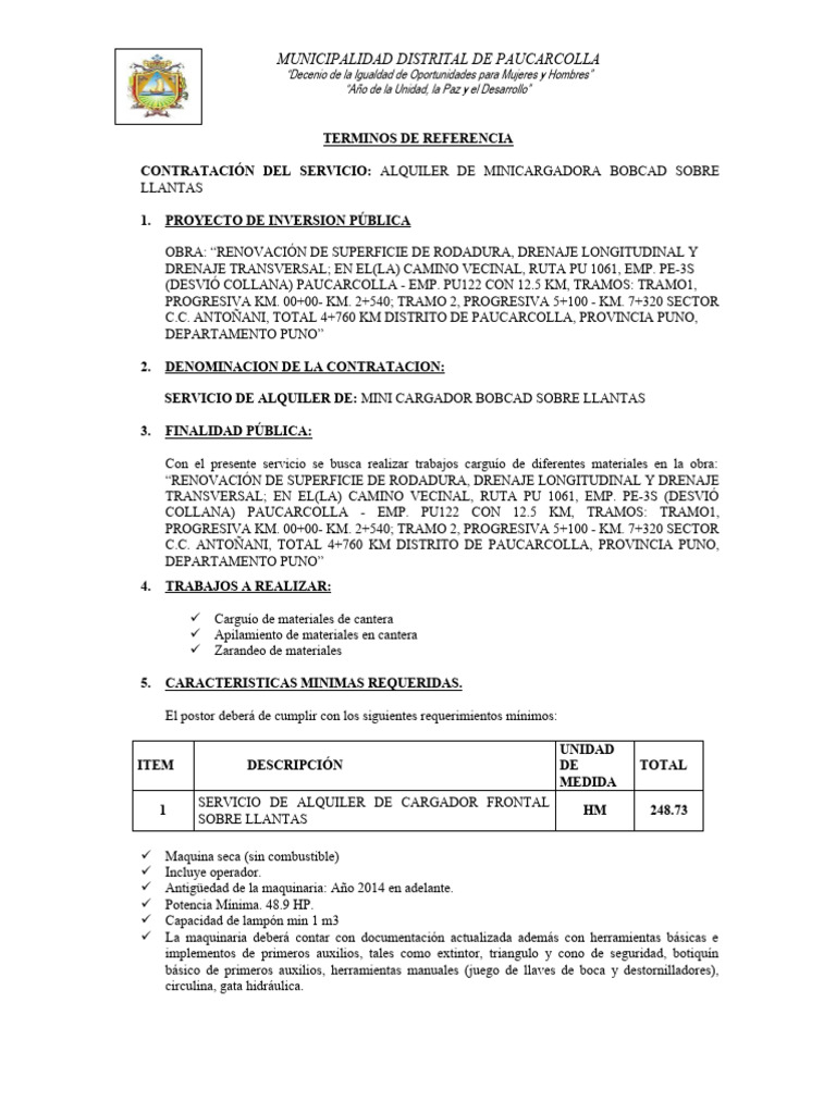 Alquiler Minicargadora Bobcat Paucarcolla | PDF