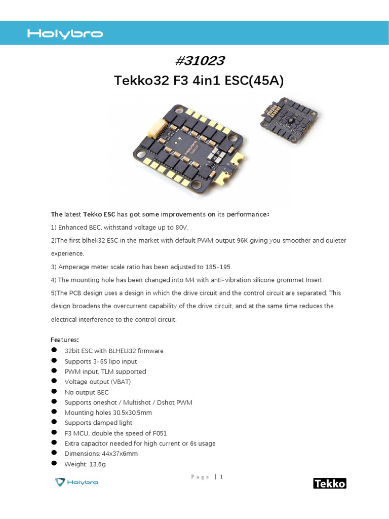 Holybro Tekko32 F3 4in1 ESC (45A) Spec v1.2 | PDF