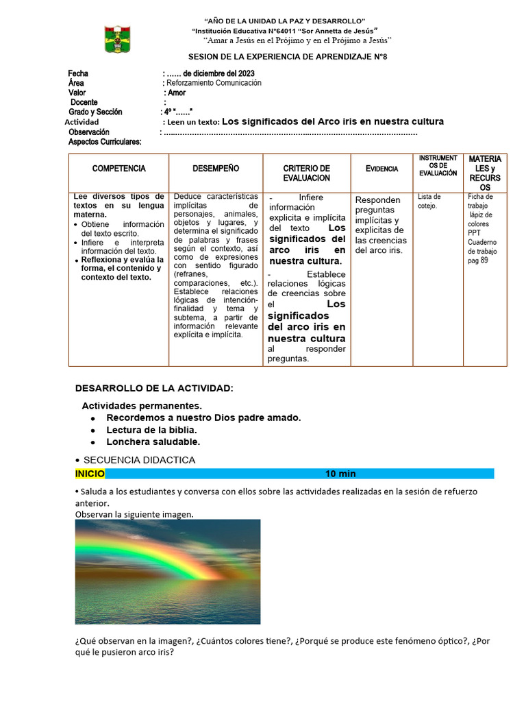 Refuerzo Com Significado Arco Iris Pdf Evaluación Aprendizaje