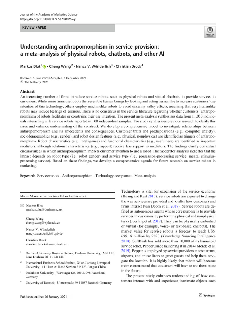 Understanding Anthropomorphism in Service Provision - A Meta-Analysis ...