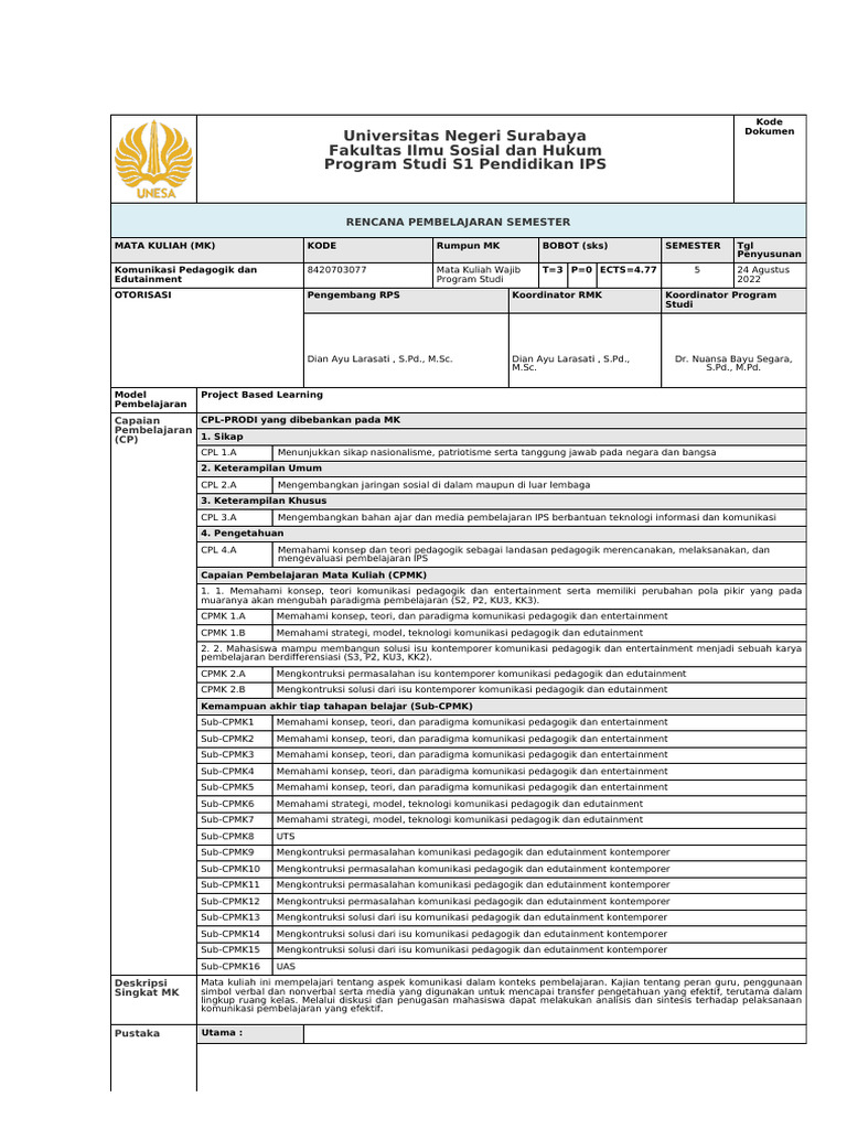 RPS Komunikasi Pedagogik Dan Edutainment | PDF | Seni | Karier & Perkembangan