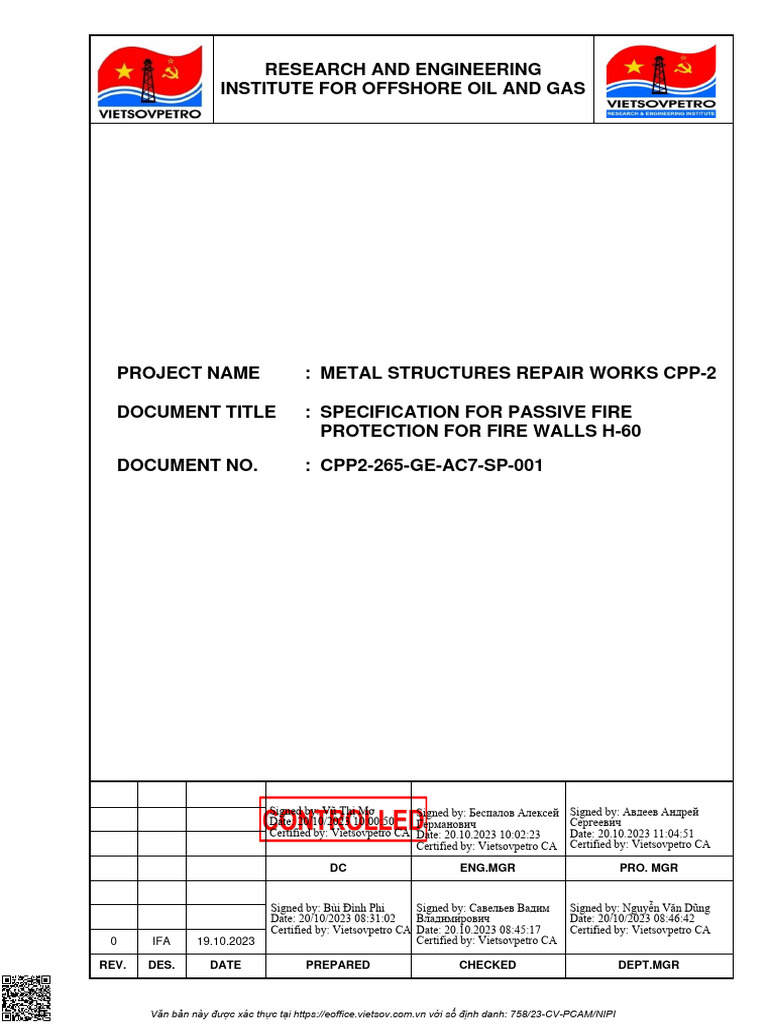 CPP2-265-GE-AC7-SP-001 - 0 - Specification For Passive Fire Protection For Fire Walls Class H-60 ...