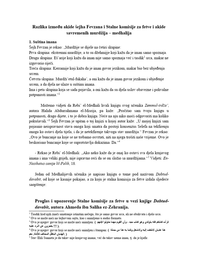 Razlika Između Akide Šejha Fevzana I Stalne Komisije Za Fetve I Akide Savremenih Murdžija | PDF