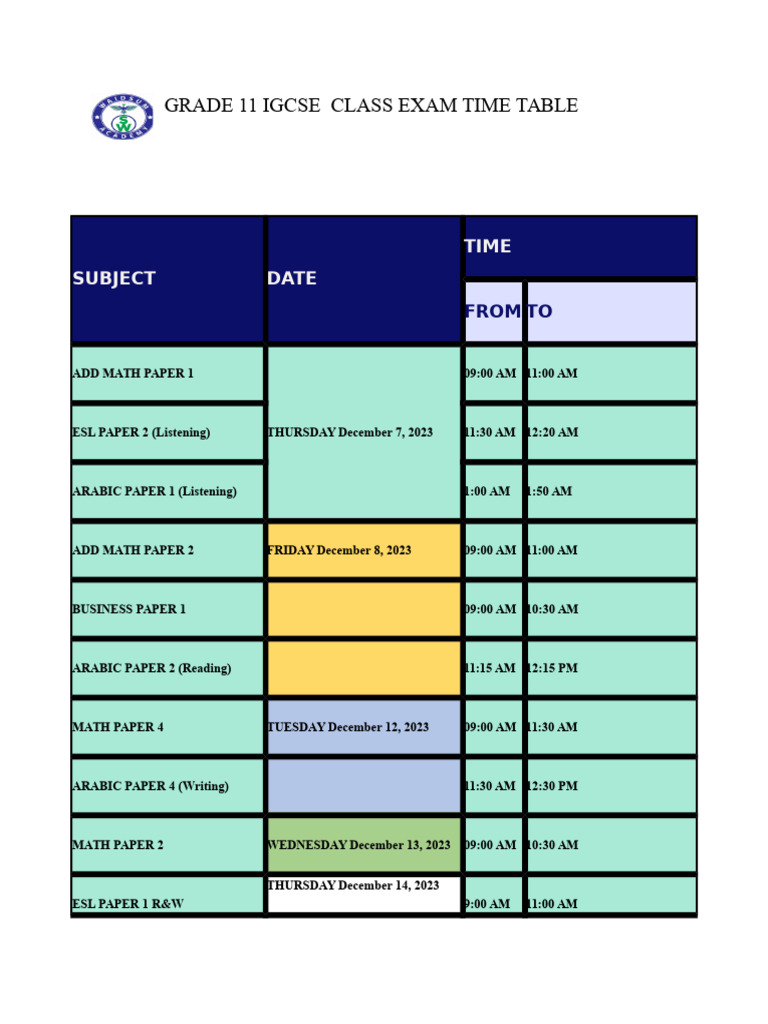 Grade 11 Igcse Class Exam Time Table | PDF | Foreign Language Studies | Science & Mathematics