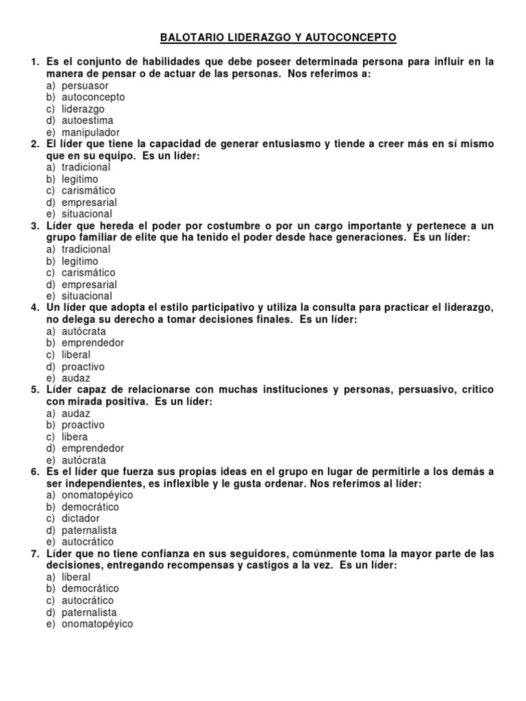 Cna Balotario Modulo 4 Liderazgo y Autoconcepto SR | PDF | Liderazgo ...