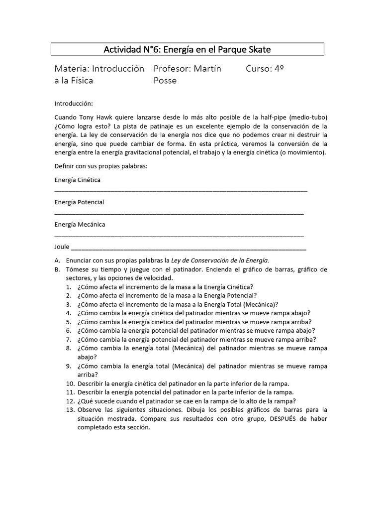 Actividad N°6. Energía en El Parque Skate | PDF | Energía cinética | Masa