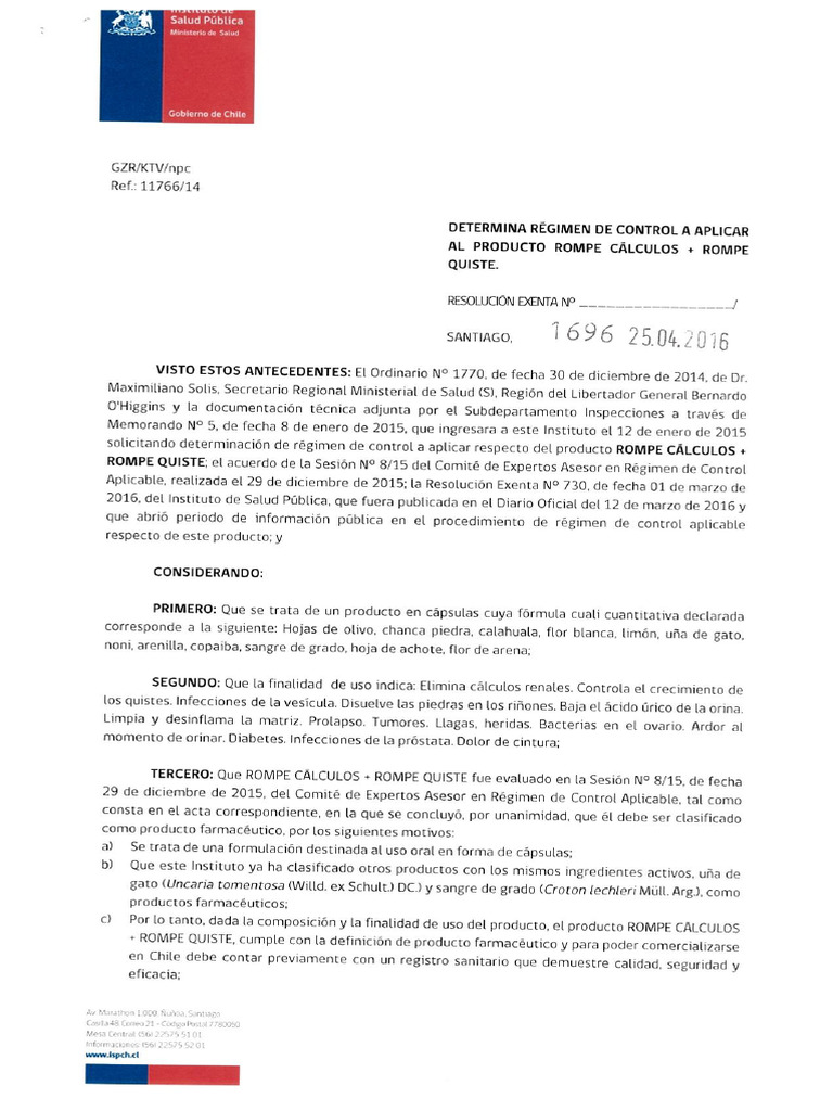 Resolución Exenta #1696 de 25.04.2016 Del ISP DETERMINA Régimen de ...