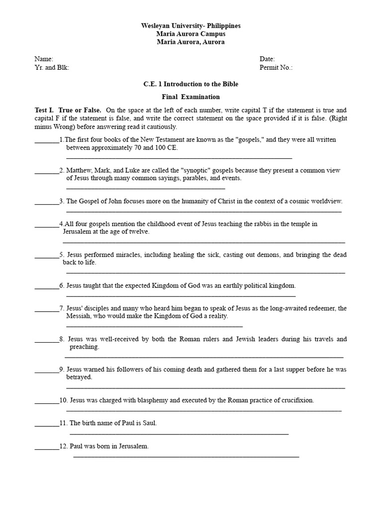 C.E. 1 Final Examination 2023 | PDF | Jesus | Paul The Apostle