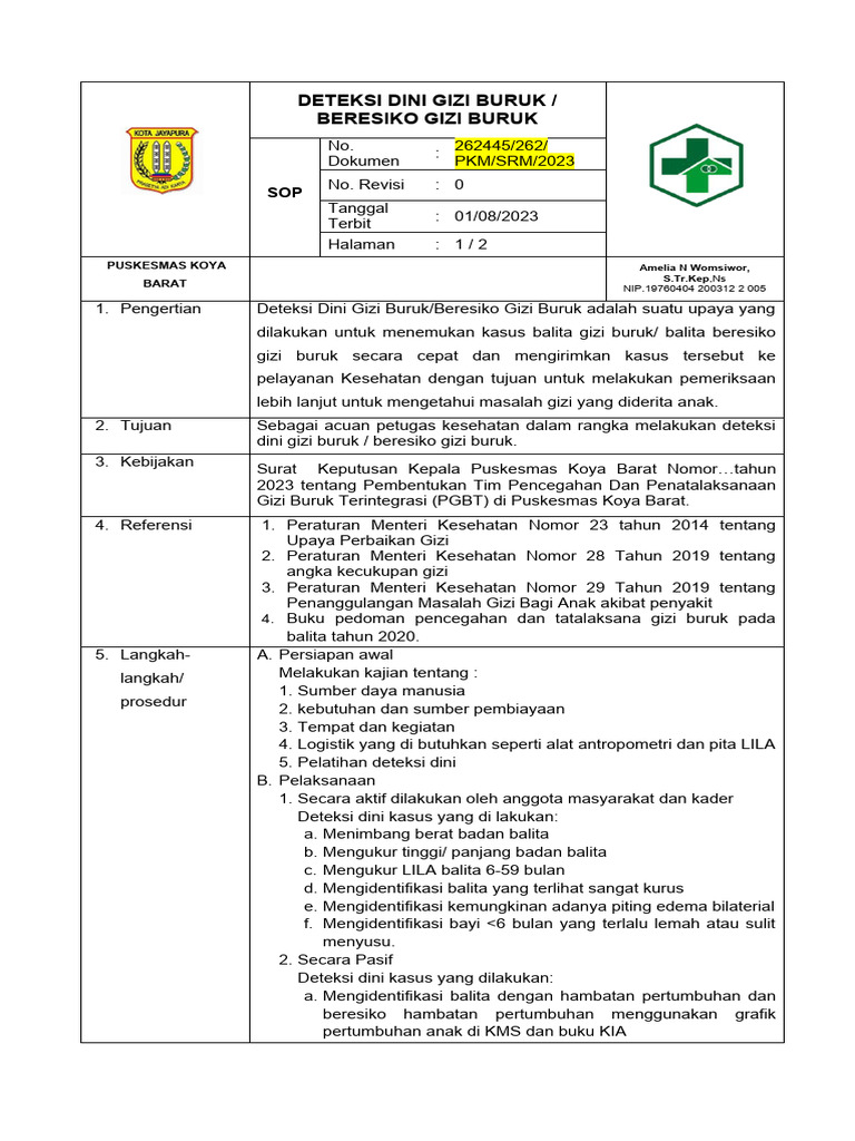 Sop Deteksi Dini Gizi Buruk Atau Beresiko Gizi Buruk PKM Koya Barat Fix | PDF | Pengembangan ...