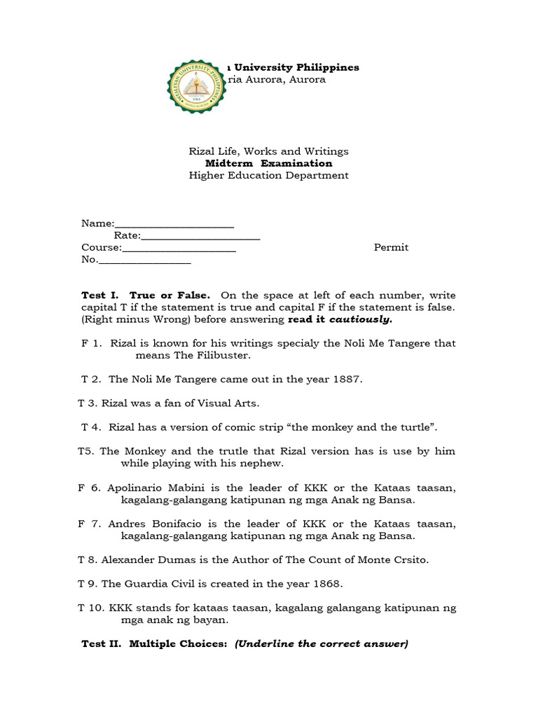 Rizal Midterm Exam Reviewer | PDF | Philippines