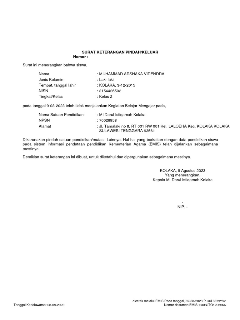 Mutasi Keluar - Surat Keterangan - MUHAMMAD ARSHAKA VIRENDRA | PDF