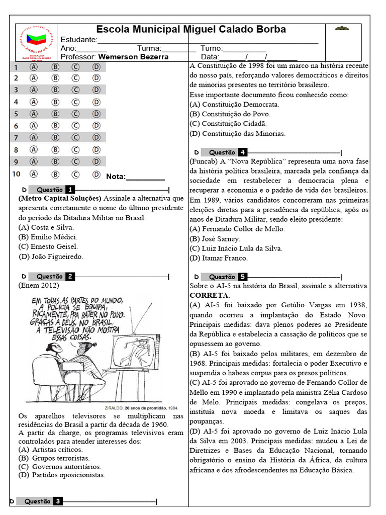9° Ano A - HISTÓRIA - Prof. WEMERSON - GABARITO | PDF | Brasil | Democracia