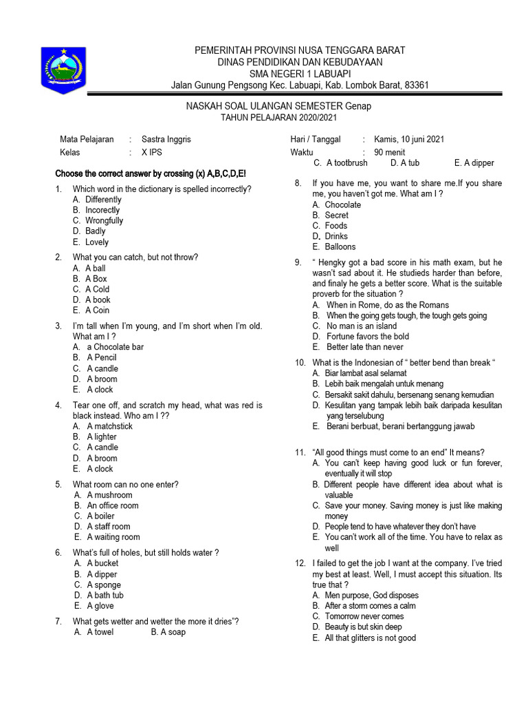 SOAL SEMESTER Genap KLS X 20202021 - Sastra Inggris | PDF | Laptop | Manufactured Goods