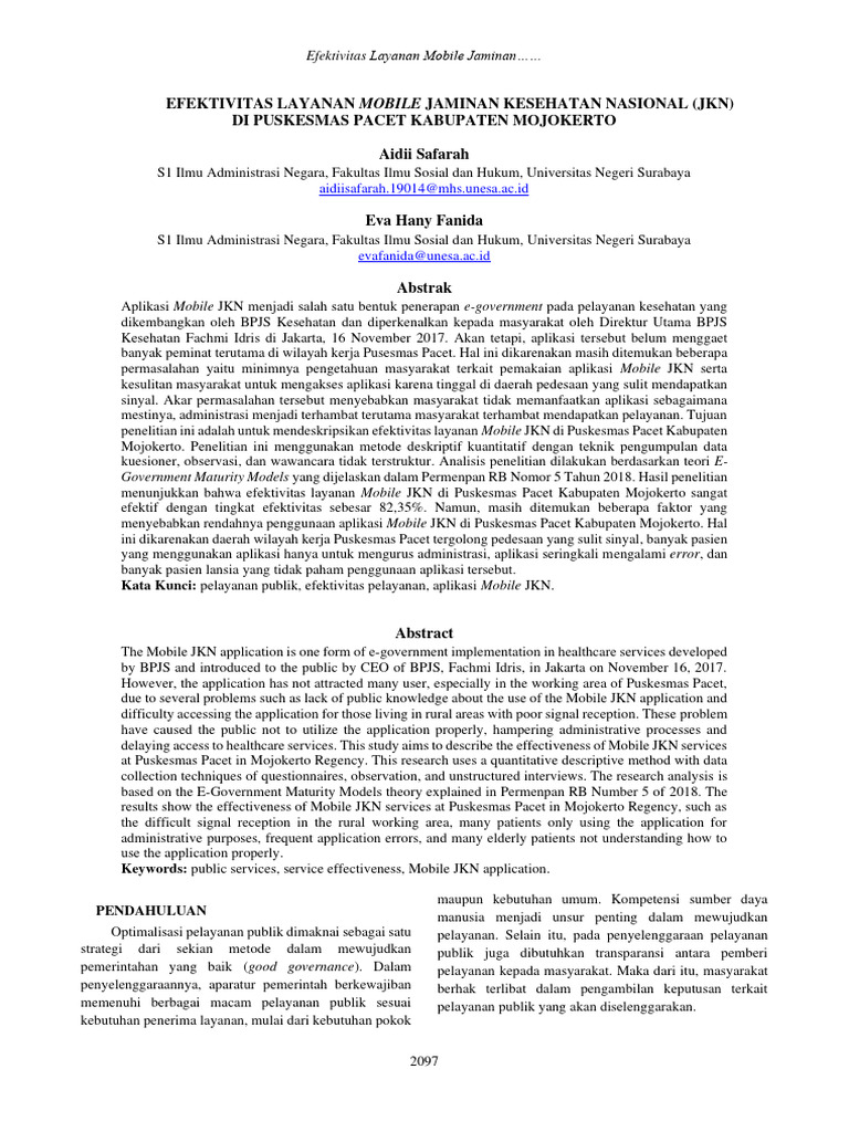 Efektivitas Layanan Mobile Jaminan Kesehatan Nasional (JKN) Di Puskesmas Pacet Kabupaten ...