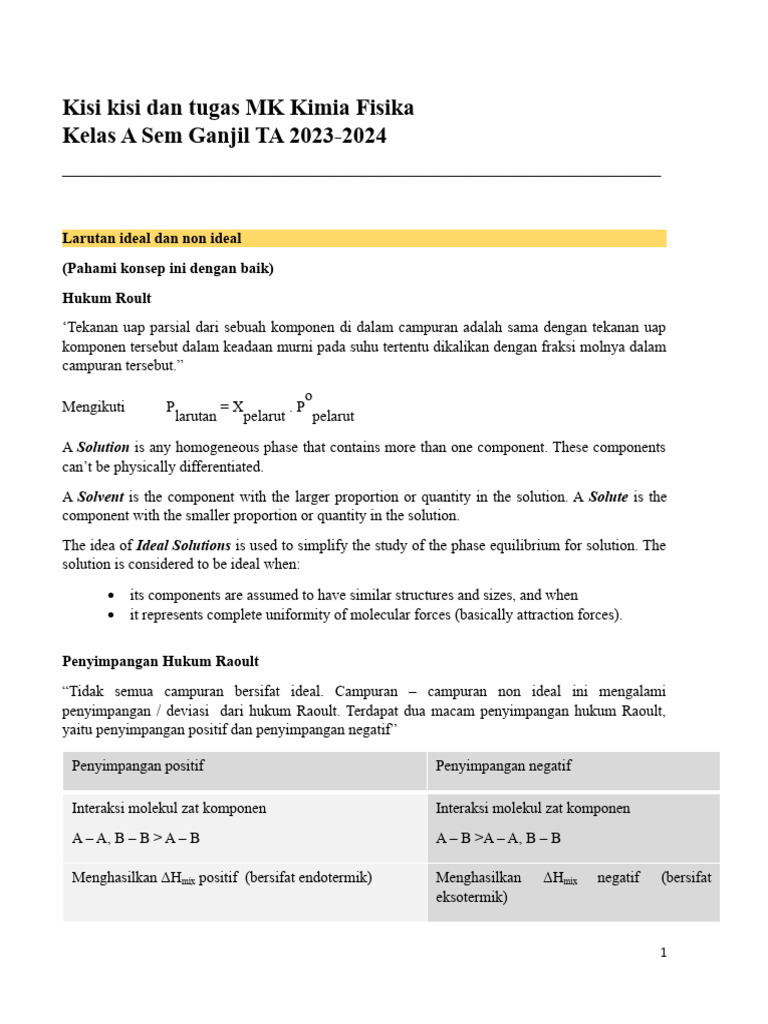 Kisi Kisi UAS Kimia Fisika 2023-2024 Kelas AFinal | PDF