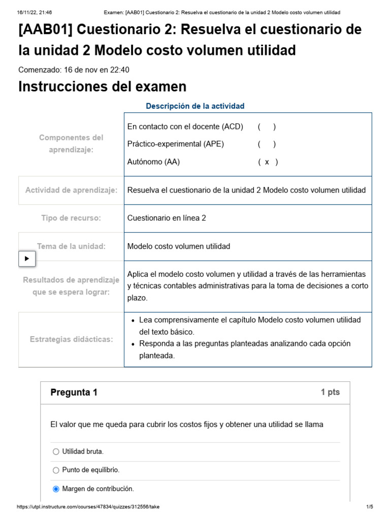 Cuestionario 2_ B1-Resuelva el cuestionario de la unidad 2 Modelo costo volumen utilidad | PDF ...