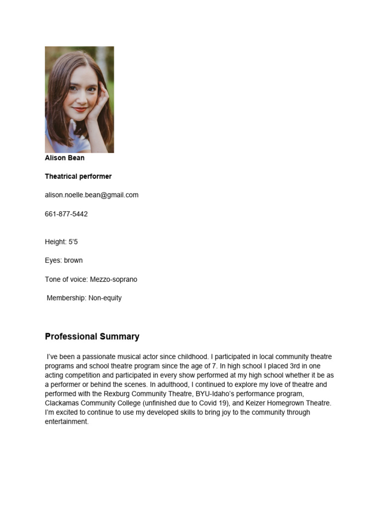 Alison Bean: Musical Theatre Performer | PDF | Performing Arts ...