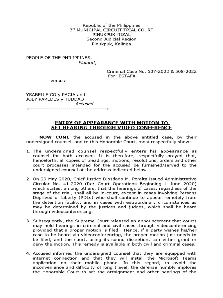 ENTRY OF APPEARANCE WITH MOTION TO SET HEARING VIDEO CONNFERENCE ...