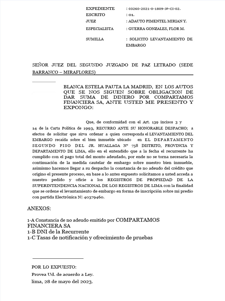 Levantamiento de Embargo Blanca | PDF Levantamiento de Embargo Blanca | PDF