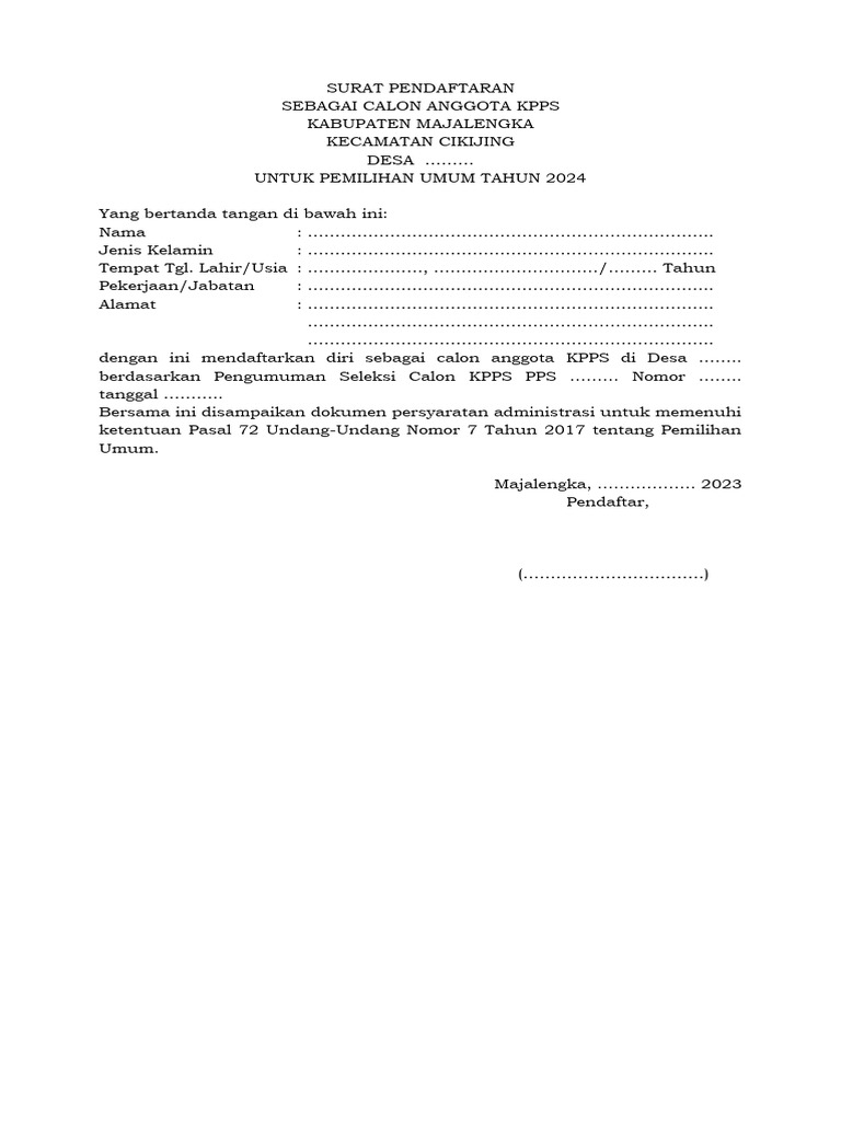 Form Pendaftaran KPPS Fix | PDF | Olahraga & Rekreasi | Game & Aktivitas