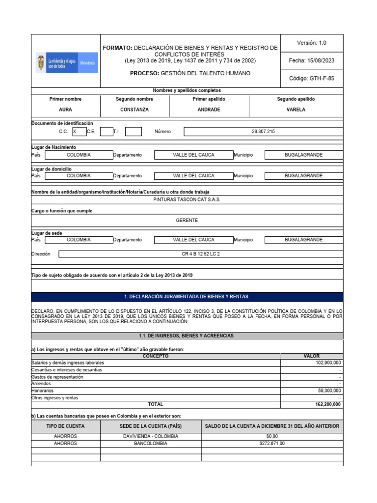 Declaración de Bienes y Rentas 2023 | PDF