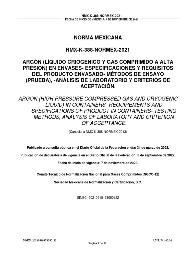Nmx-K-388-Normex-2021 - Argón | PDF | Calibración | Gases