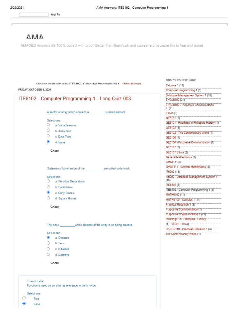 Ama Answers Ite6102 Computer Programming 1 | PDF | Bracket | C++