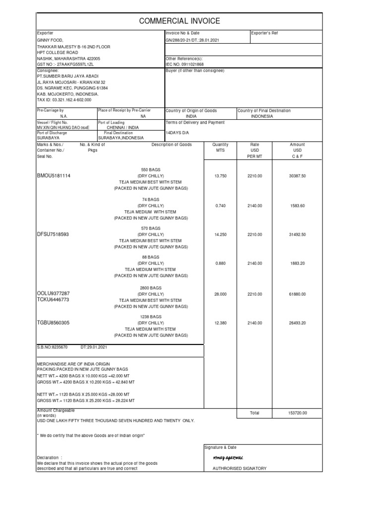 Commercial Invoice for Dry Chilly Export | PDF | Accounting | Business ...