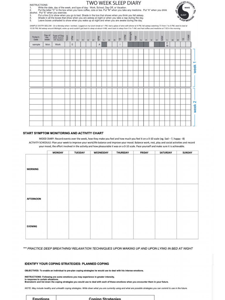 Two Week Sleep Diary, Symptom Monitoring | PDF