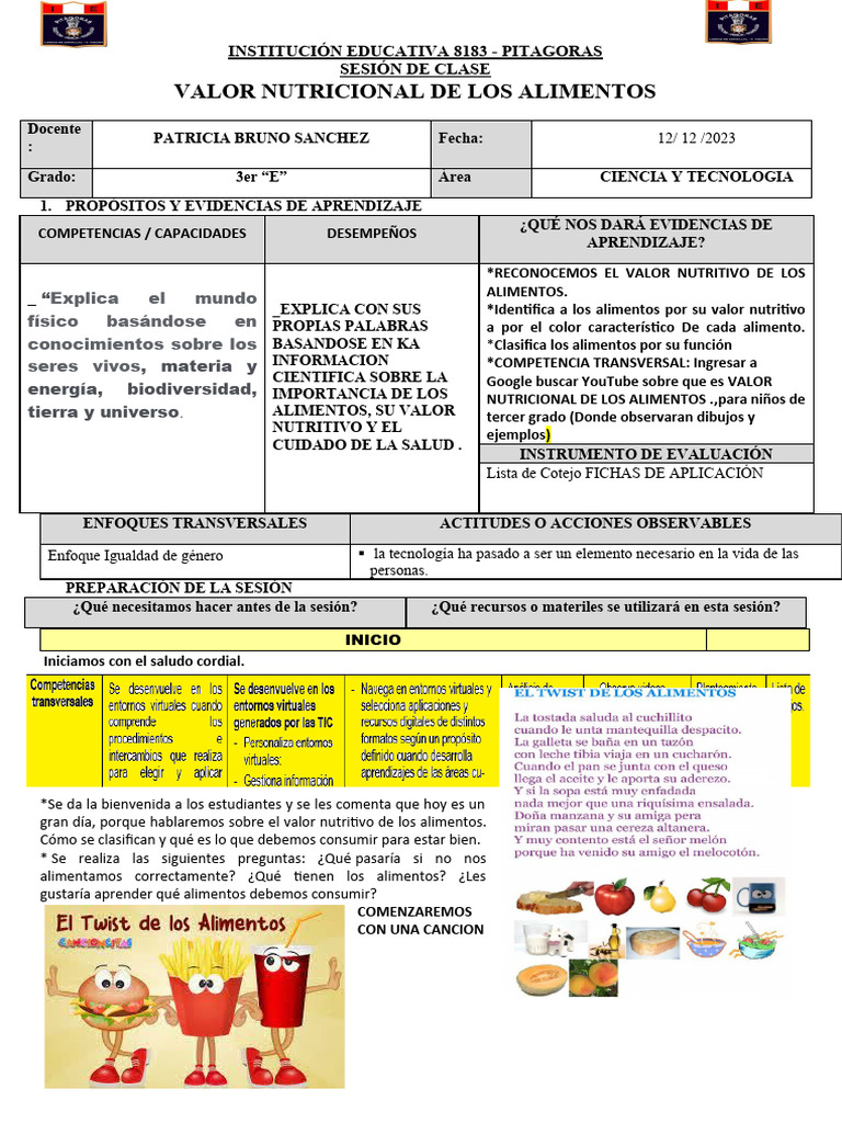 Sesión de Clase Valor Nutricional de Los Alimentos y Ficha | PDF | Alimentos | Nutrición