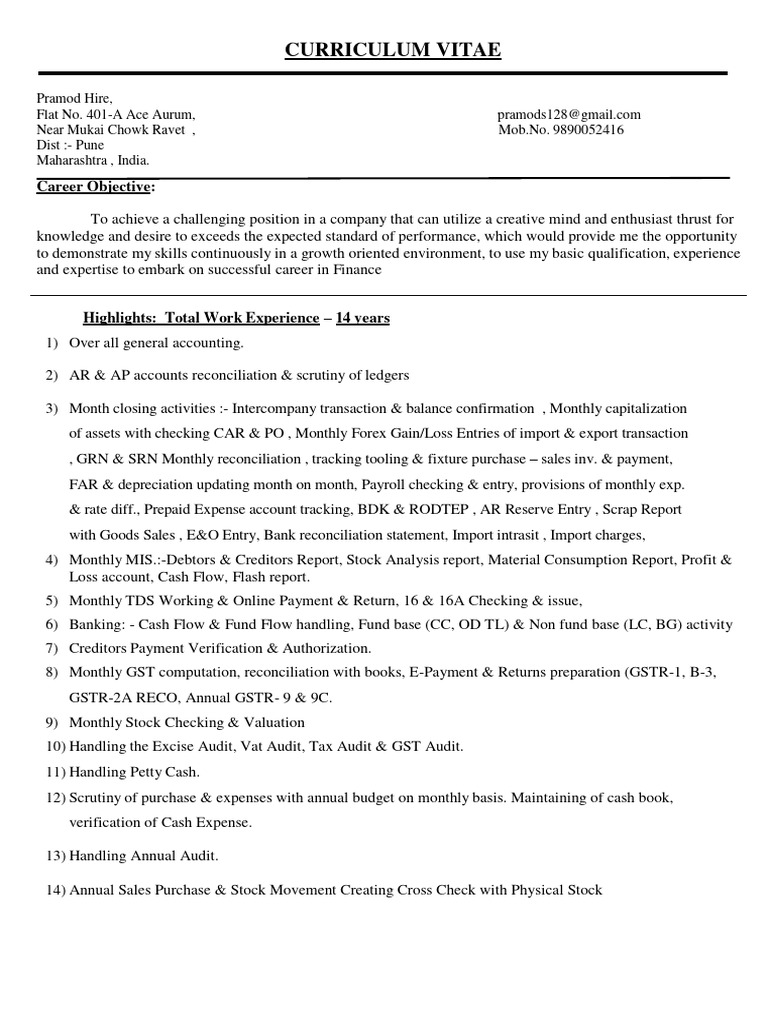 Pramod Accounts & Finance CV | Download Free PDF | Value Added Tax ...