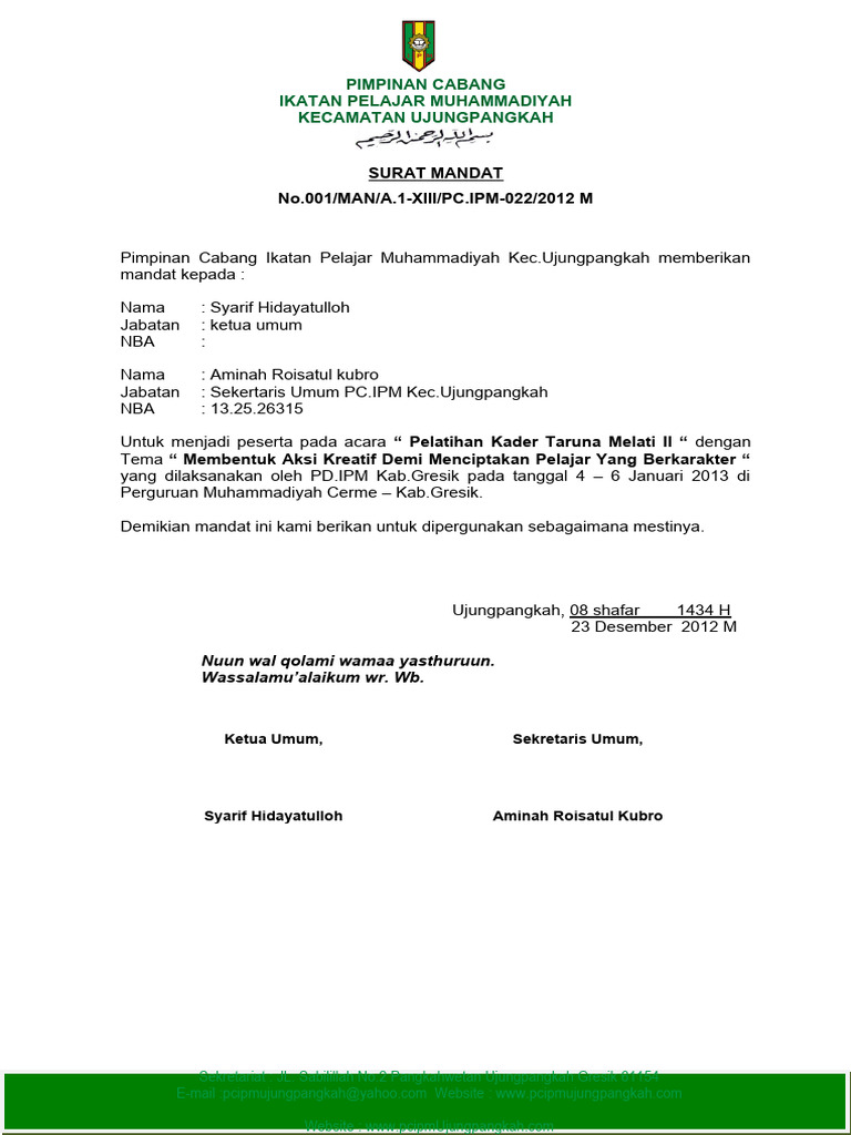 Surat Mandat Peserta Pelatihan Kader | PDF | Olahraga & Rekreasi | Ilmu ...