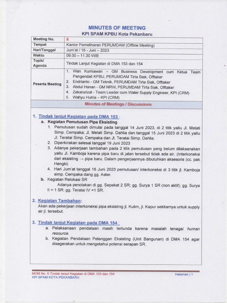 MoM 6 - PERUMDAM-KPI Kelanjutan Kegiatan DMA 153 154 | PDF